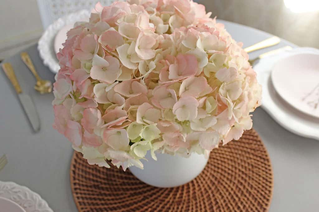 Spring Tablescape with Pink Hydrangea - The Honeycomb Home